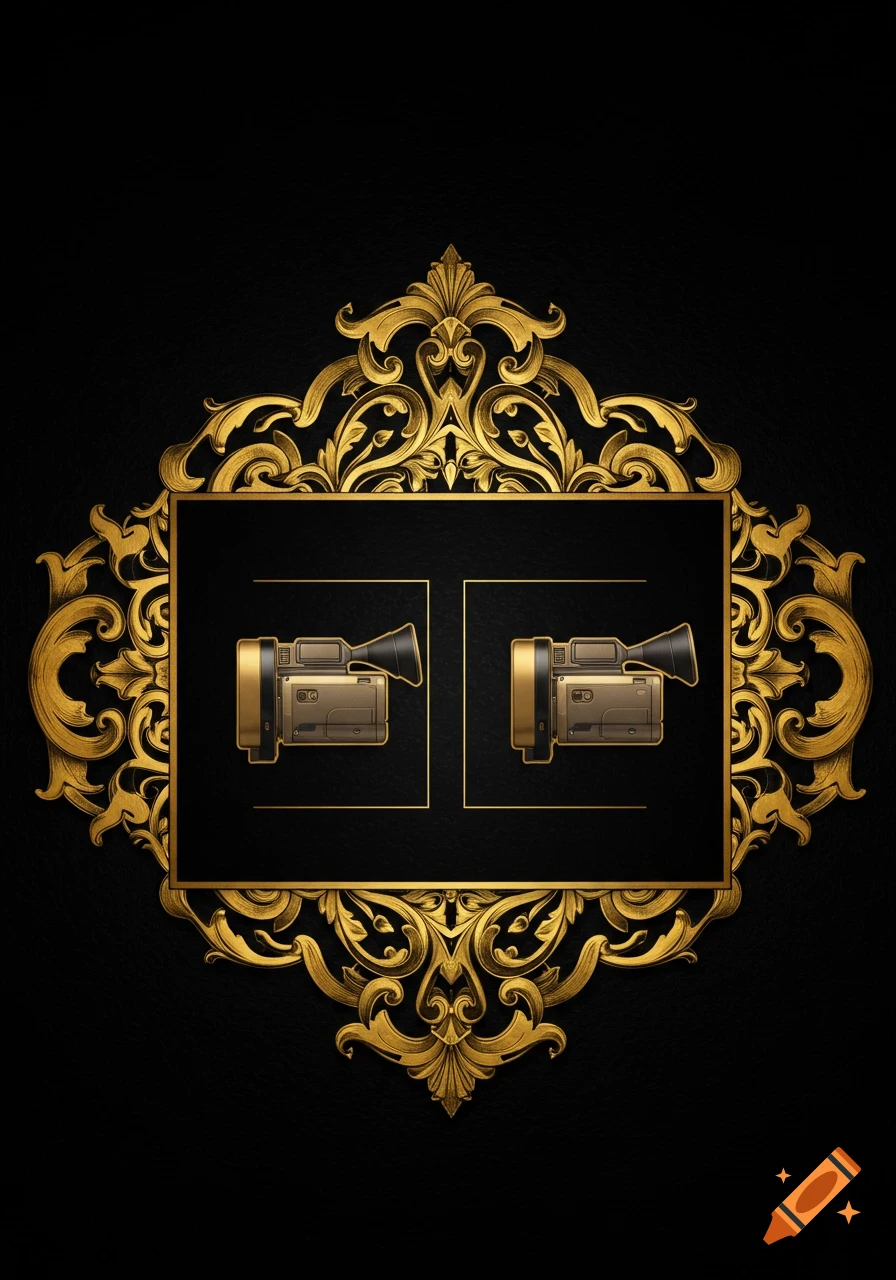 Two stylized video cameras in an ornate golden frame on a black ...