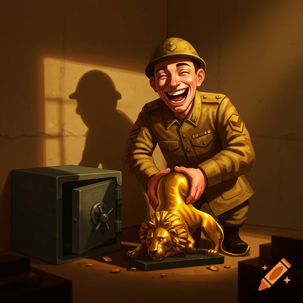 Cartoon illustration of a laughing soldier holding a golden lion statue ...