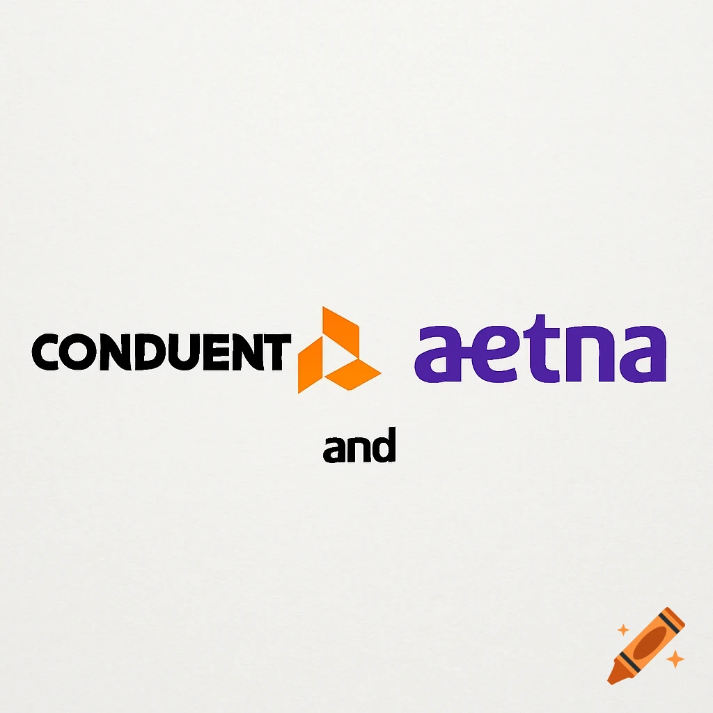 Logo with text CONDUENT and aetna, and an orange symbol. on Craiyon