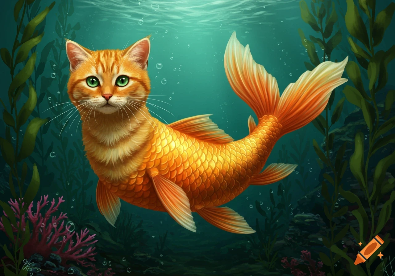 An orange tabby cat with a golden fish tail swims underwater among ...