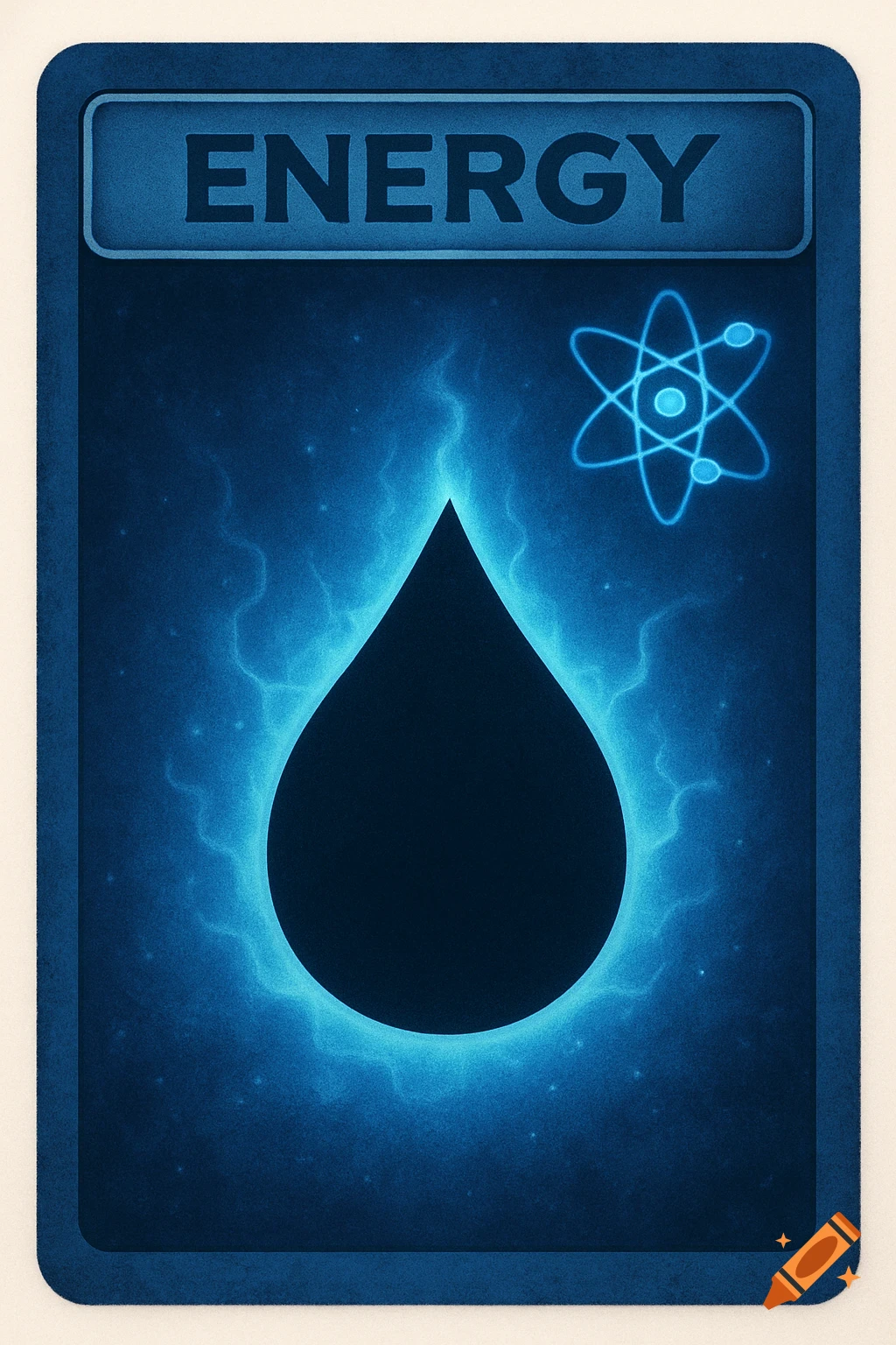 A stylized blue game card featuring the word ENERGY, a dark blue drop ...