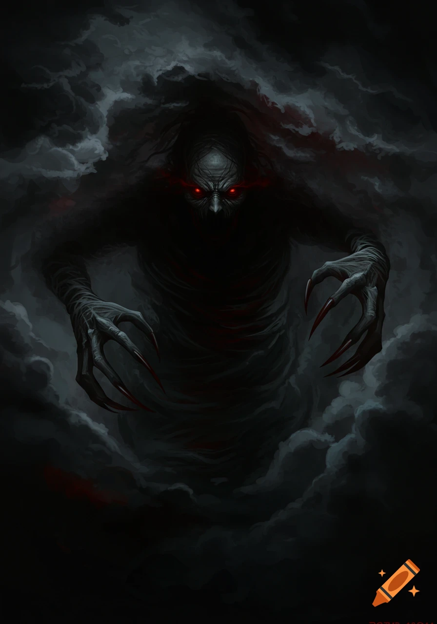 A scary, shadowy creature with glowing red eyes and sharp claws emerges from dark clouds. on Craiyon