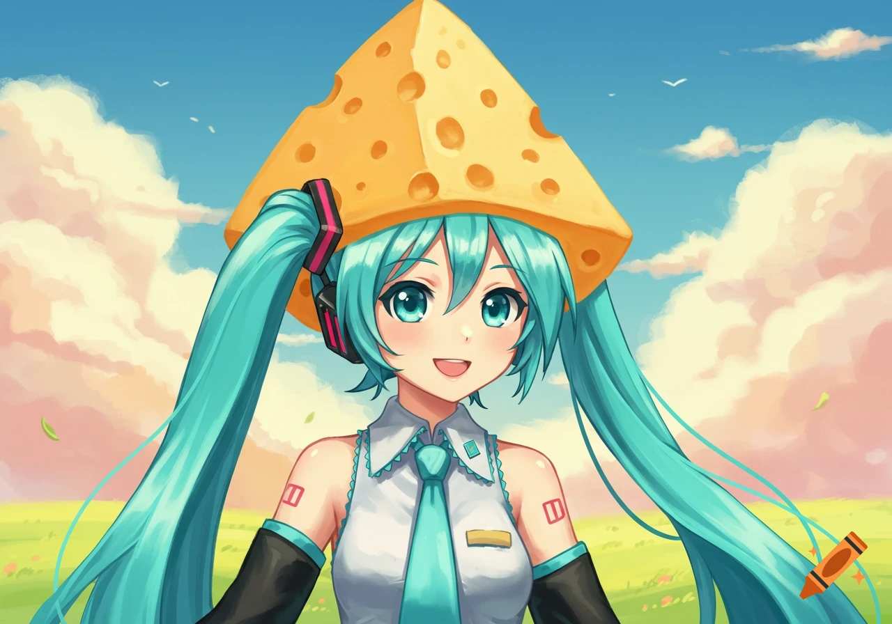 Anime character Hatsune Miku wearing a cheese hat in a field. on Craiyon