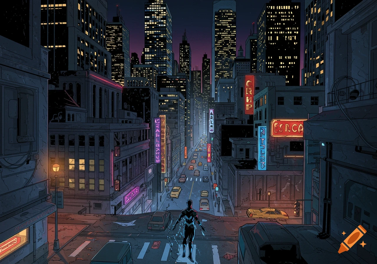 Comic book style city at night with neon signs and a figure standing ...