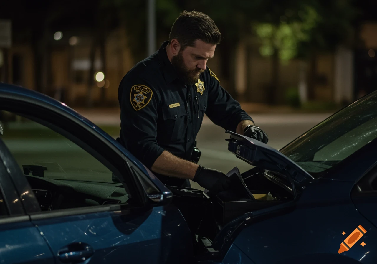 A police officer searches a car's glove box at night, photorealistic ...