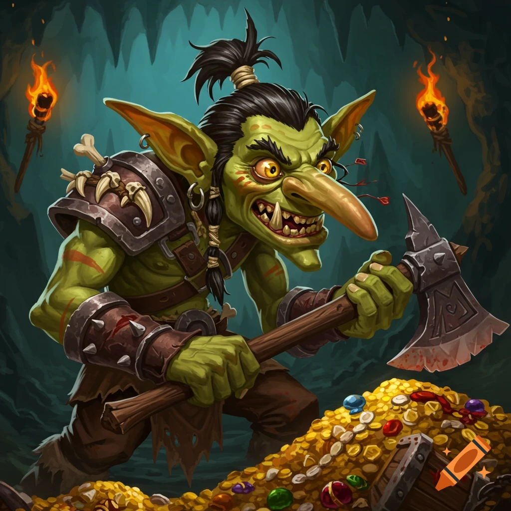 A greedy goblin with a long nose holds an axe over a pile of gold and ...