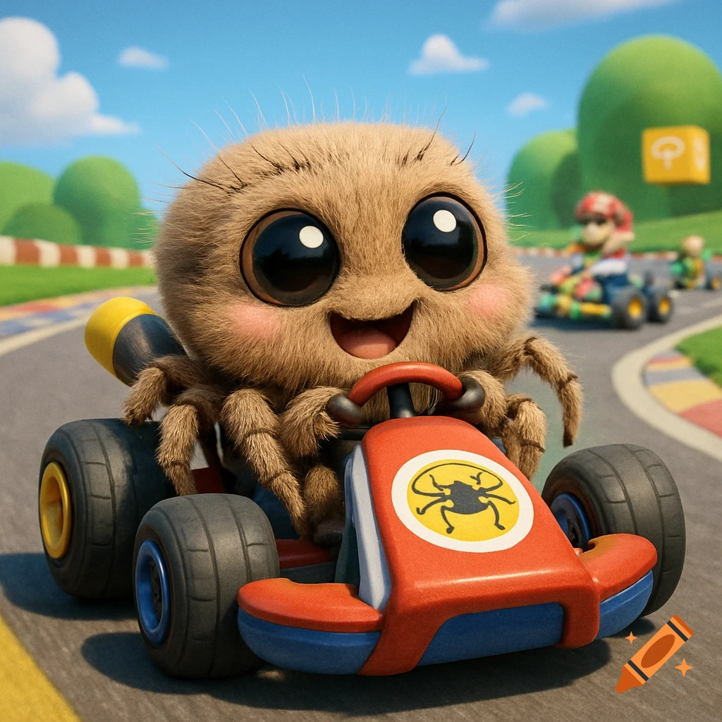 A cute furry spider drives a red go-kart on a race track in a cartoon ...