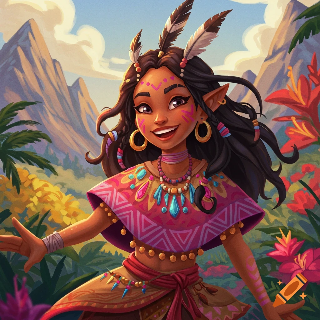 Cartoon illustration of a smiling fantasy character with elf ears and ...