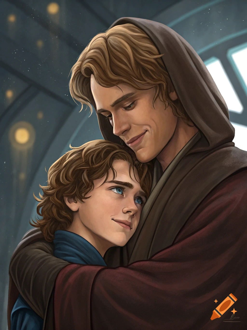 Digital painting of an adult figure resembling Anakin Skywalker hugging ...
