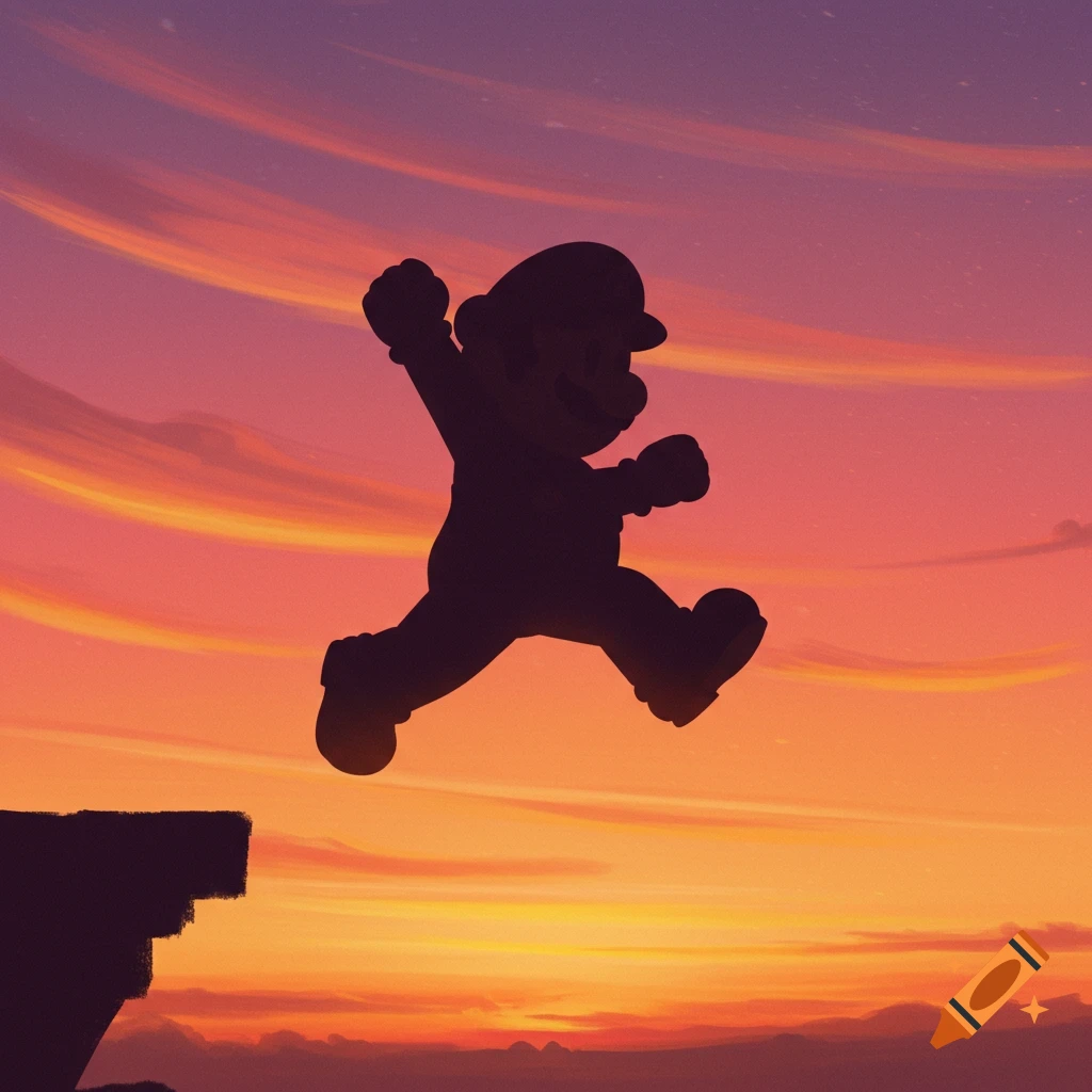 Silhouette of Mario jumping against a vibrant sunset sky over cliffs ...