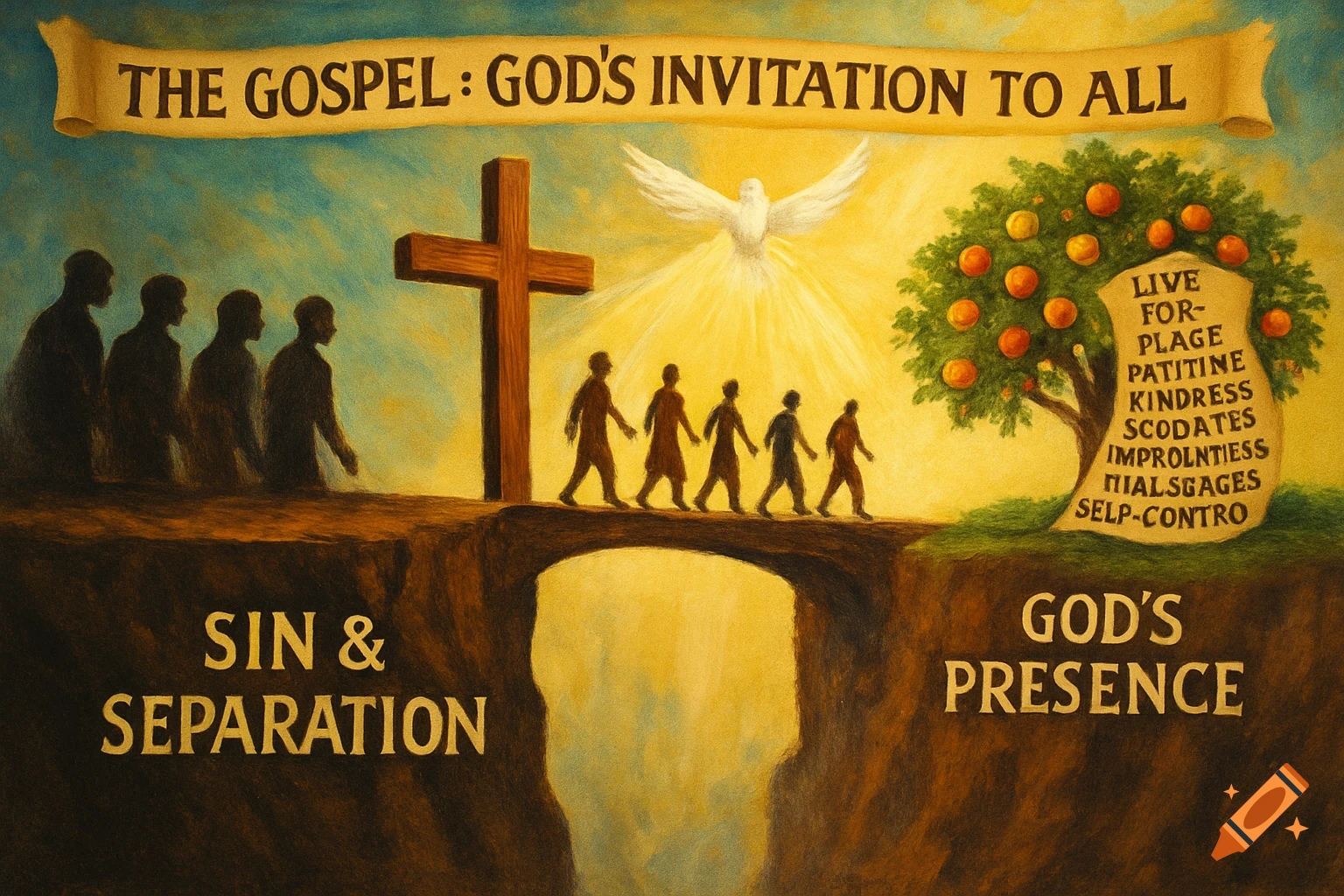 Painting of people walking across a large cross bridging a chasm ...