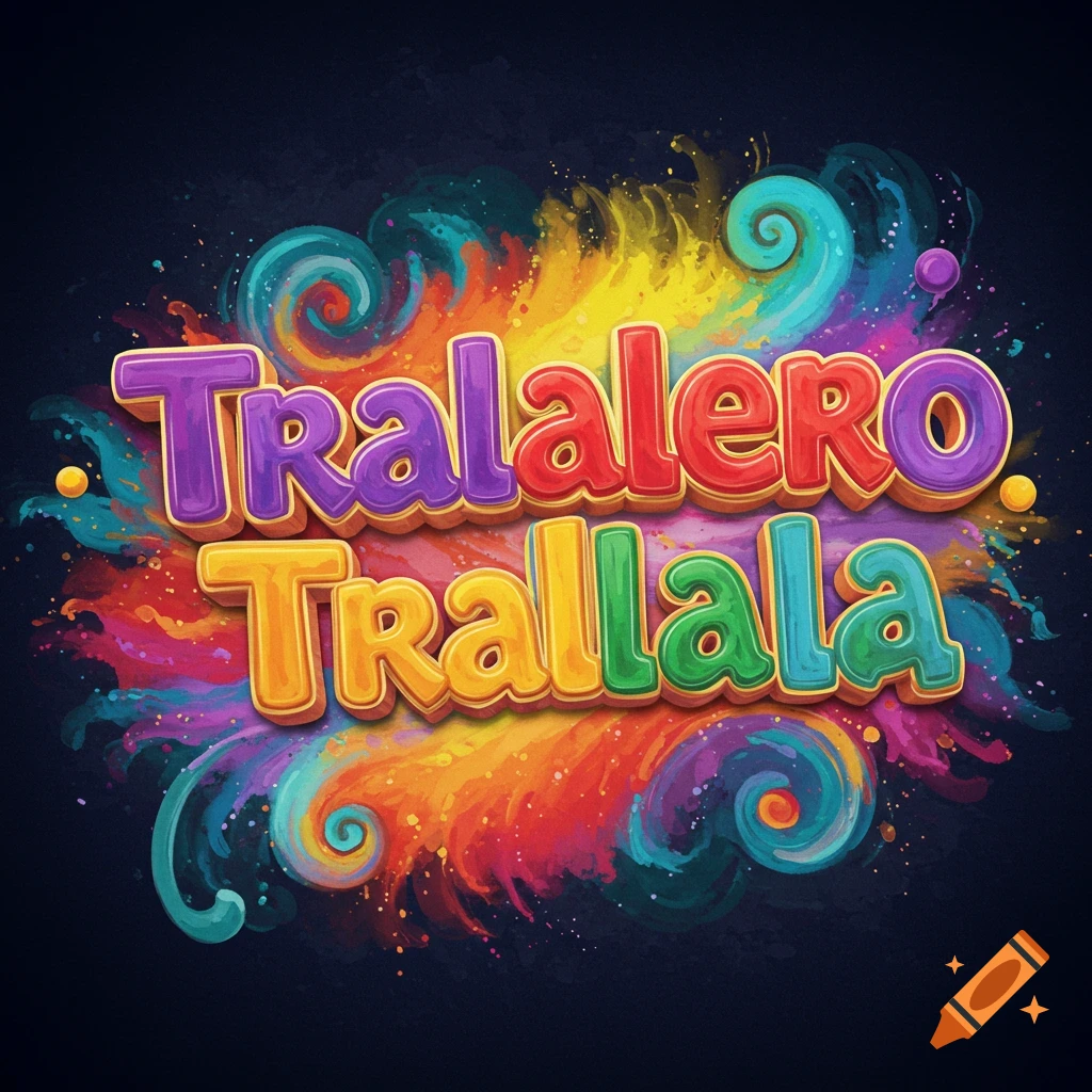 Colorful, stylized text "Tralalero Trallala" over an abstract background of vibrant splatters ...