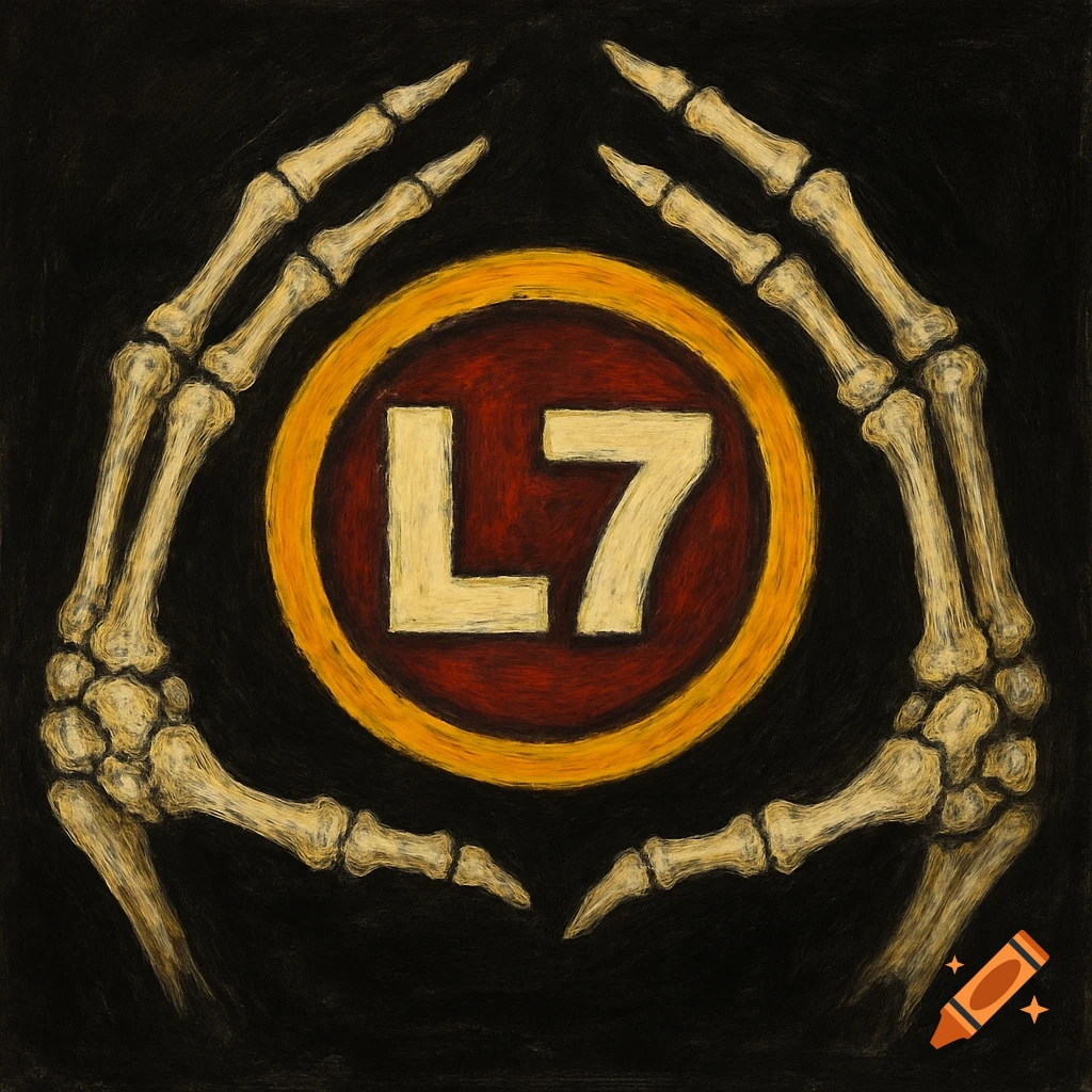 Textured drawing of skeleton hands framing an L7 logo on black. on Craiyon