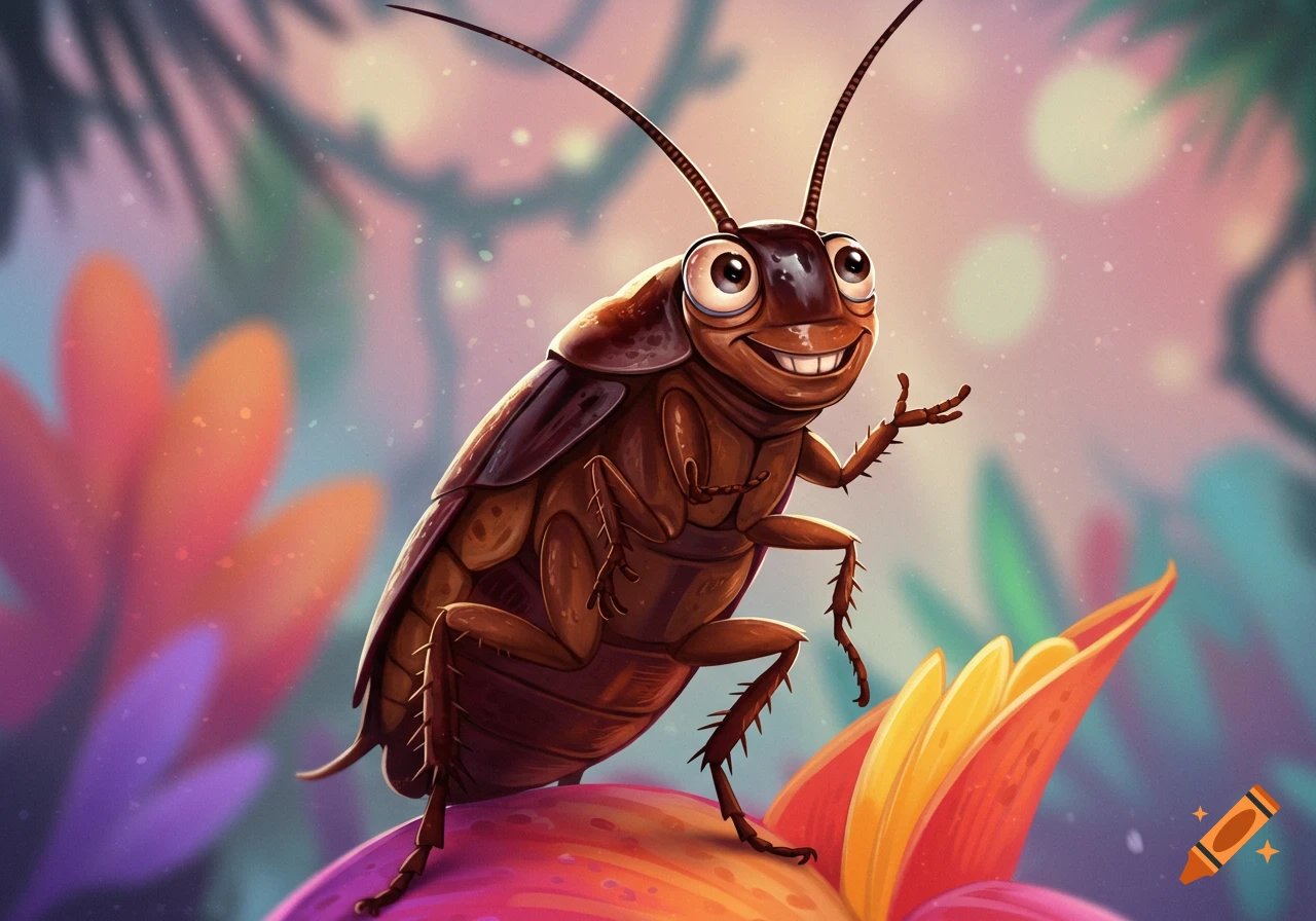 A cute cartoon cockroach smiling and waving while standing on a ...