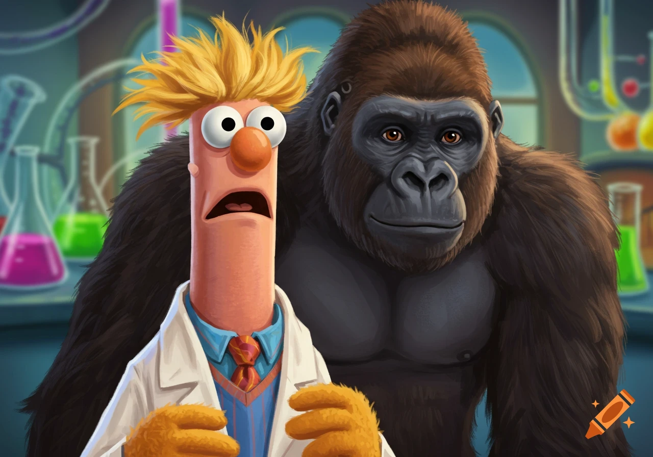 Beaker the Muppet and a gorilla stand in a laboratory. Illustration. on Craiyon