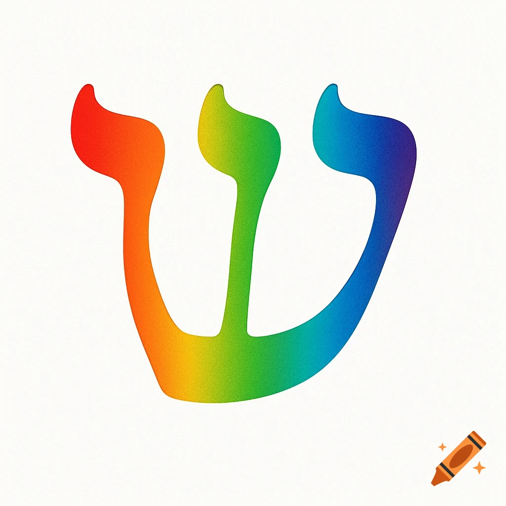 The Hebrew letter Shin rendered in rainbow colors on a white background ...