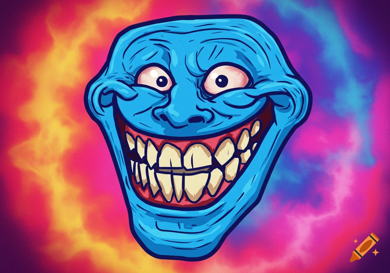 Blue Trollface meme with a wide grin against a colorful abstract ...