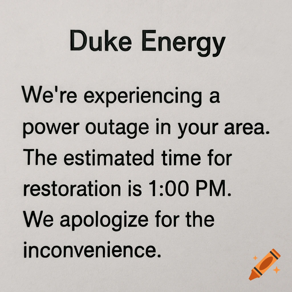 Close-up photo of a paper with text about a power outage from Duke ...