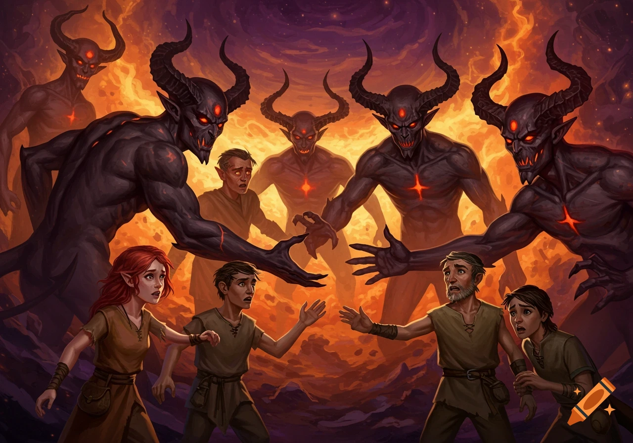 Demons confront terrified humans in a fiery, dark fantasy setting. on ...