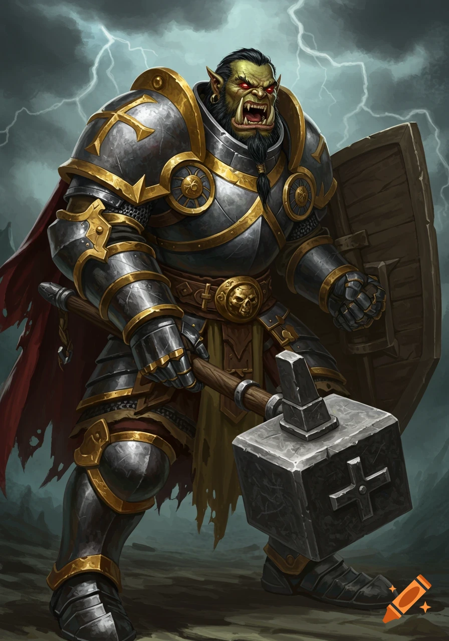 An angry orc paladin in heavy armor stands ready with a large hammer ...