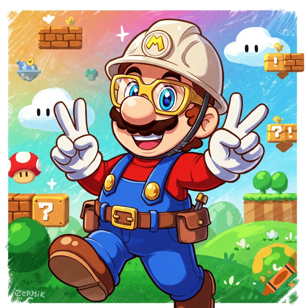 Cartoon Super Mario in construction gear giving peace signs in a ...