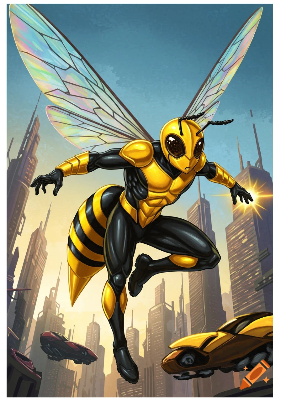 Bee superhero with iridescent wings flying over a futuristic city with ...