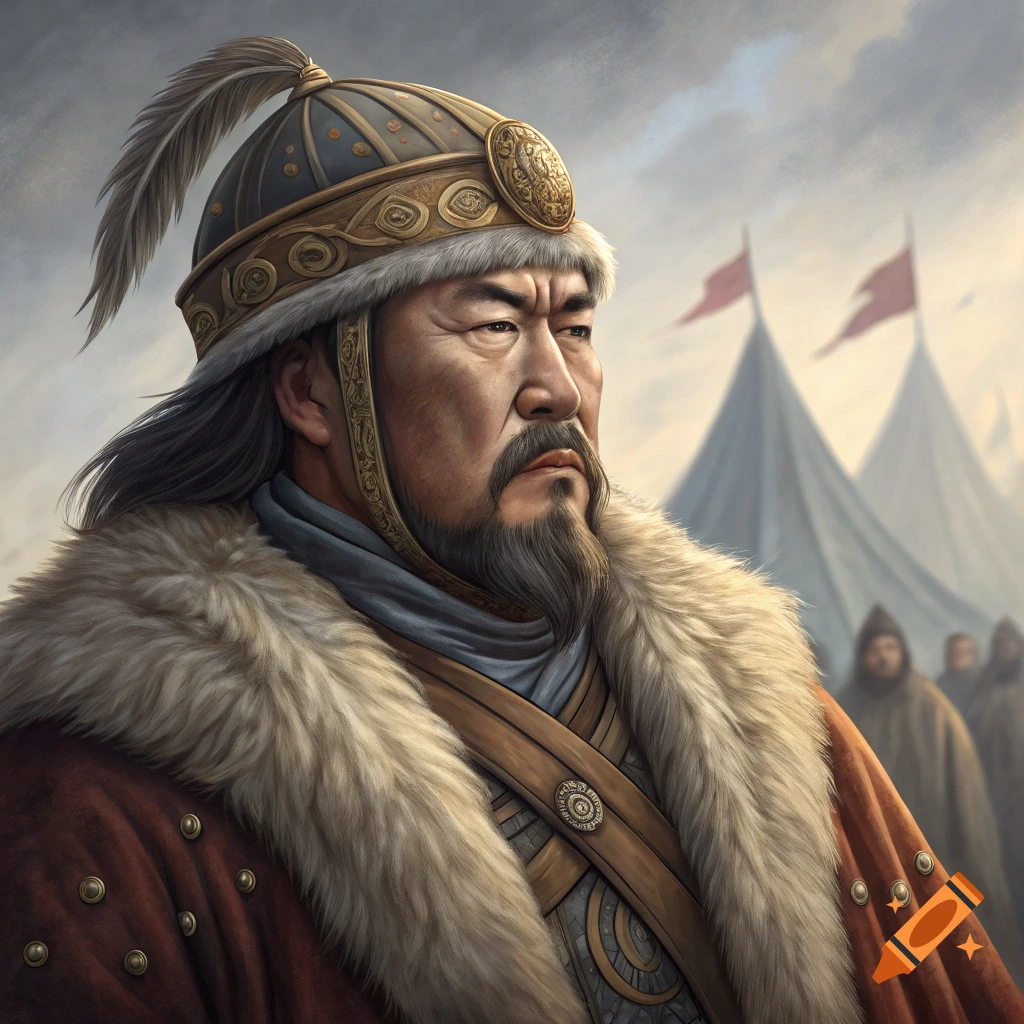 Portrait of Genghis Khan in traditional Mongol attire against a ...
