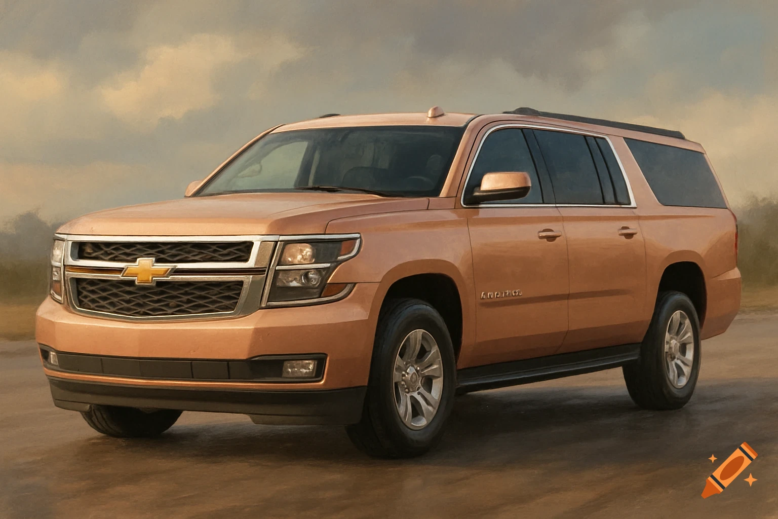 A gold Chevrolet Suburban is parked on a road. on Craiyon