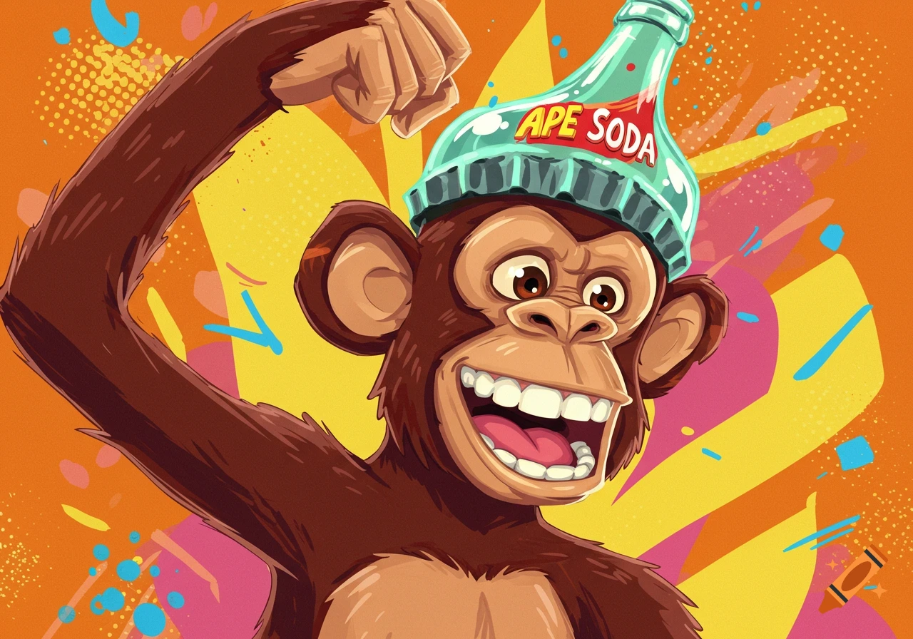 Cartoon monkey wearing an Ape Soda bottle cap hat and flexing. on Craiyon