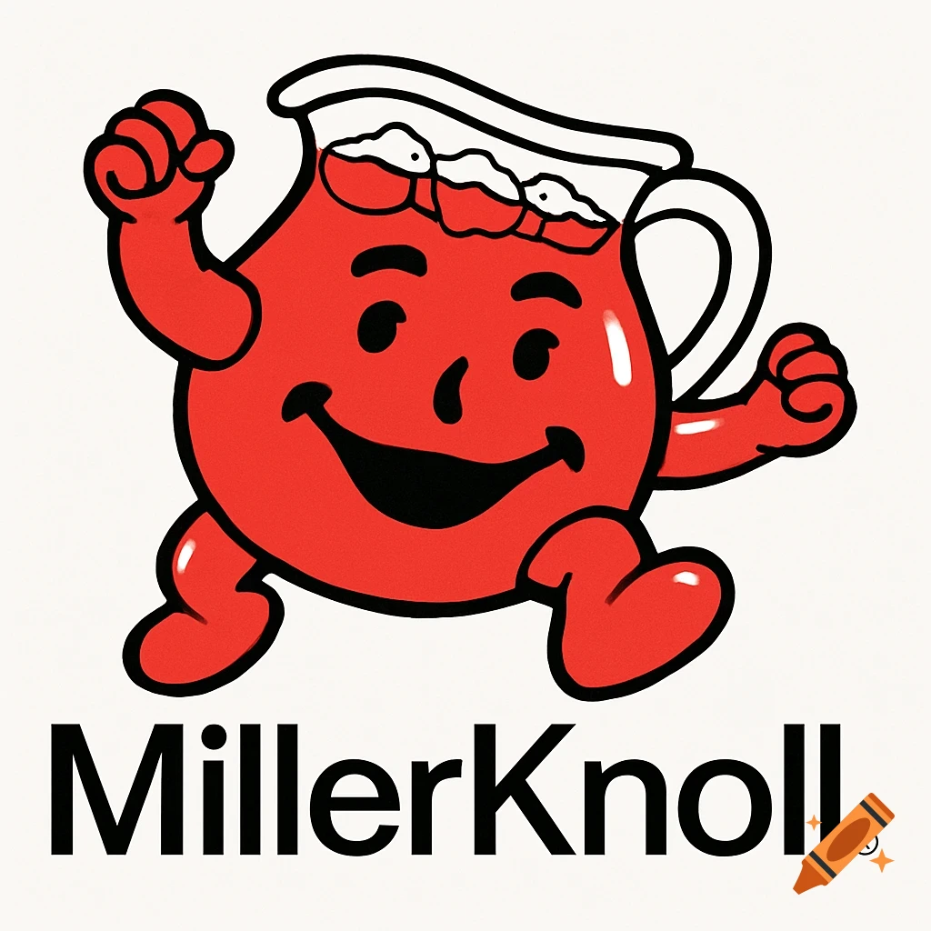 Kool-Aid Man mascot with the MillerKnoll logo below. on Craiyon