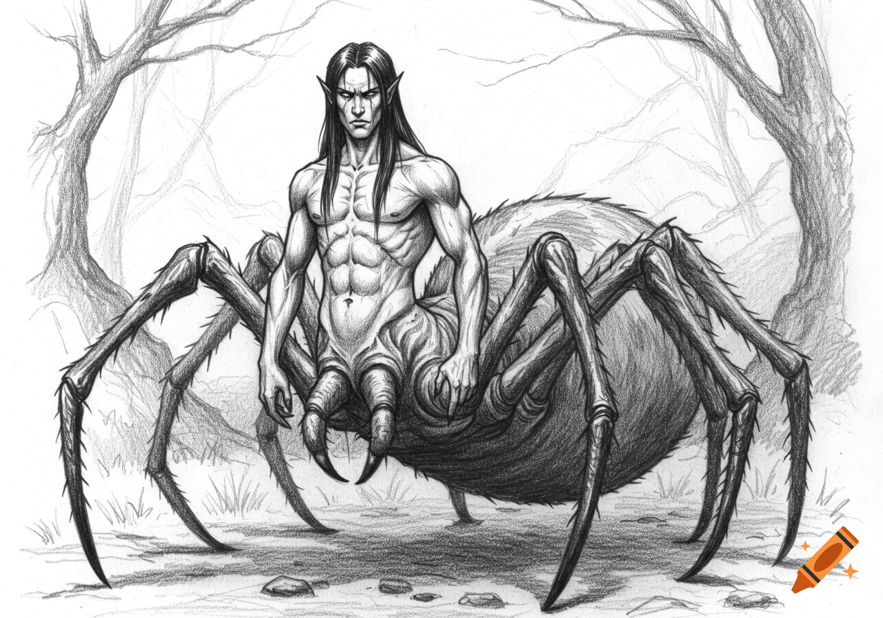 Pencil sketch of a muscular half-human, half-spider creature standing in a forest clearing. on ...