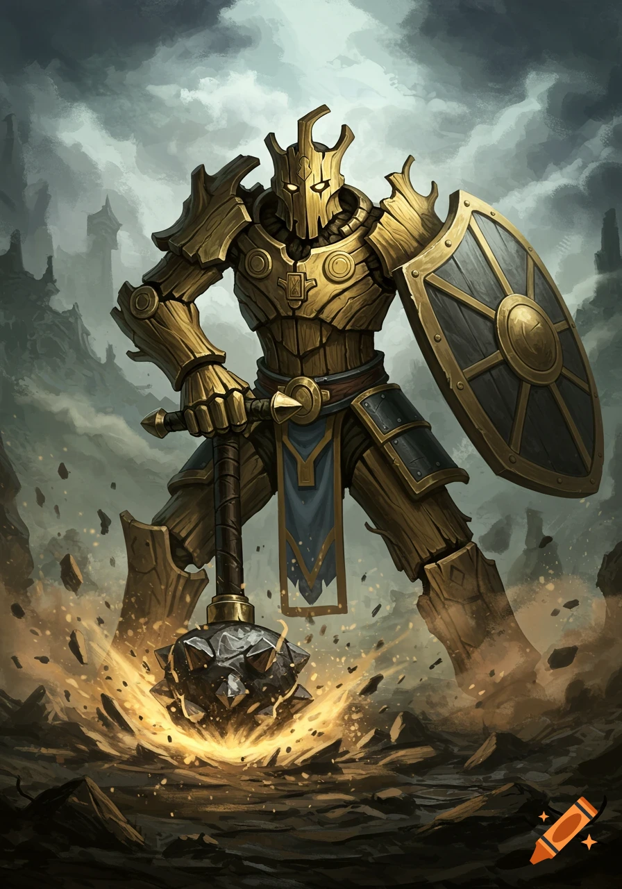 A gold golem warrior slams a mace into the ground while holding a ...