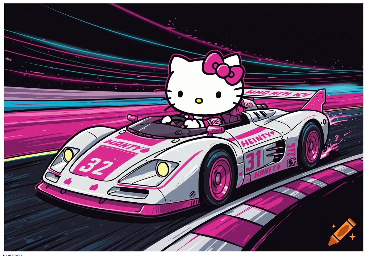 Illustration of Hello Kitty driving a pink and white racing car on a ...