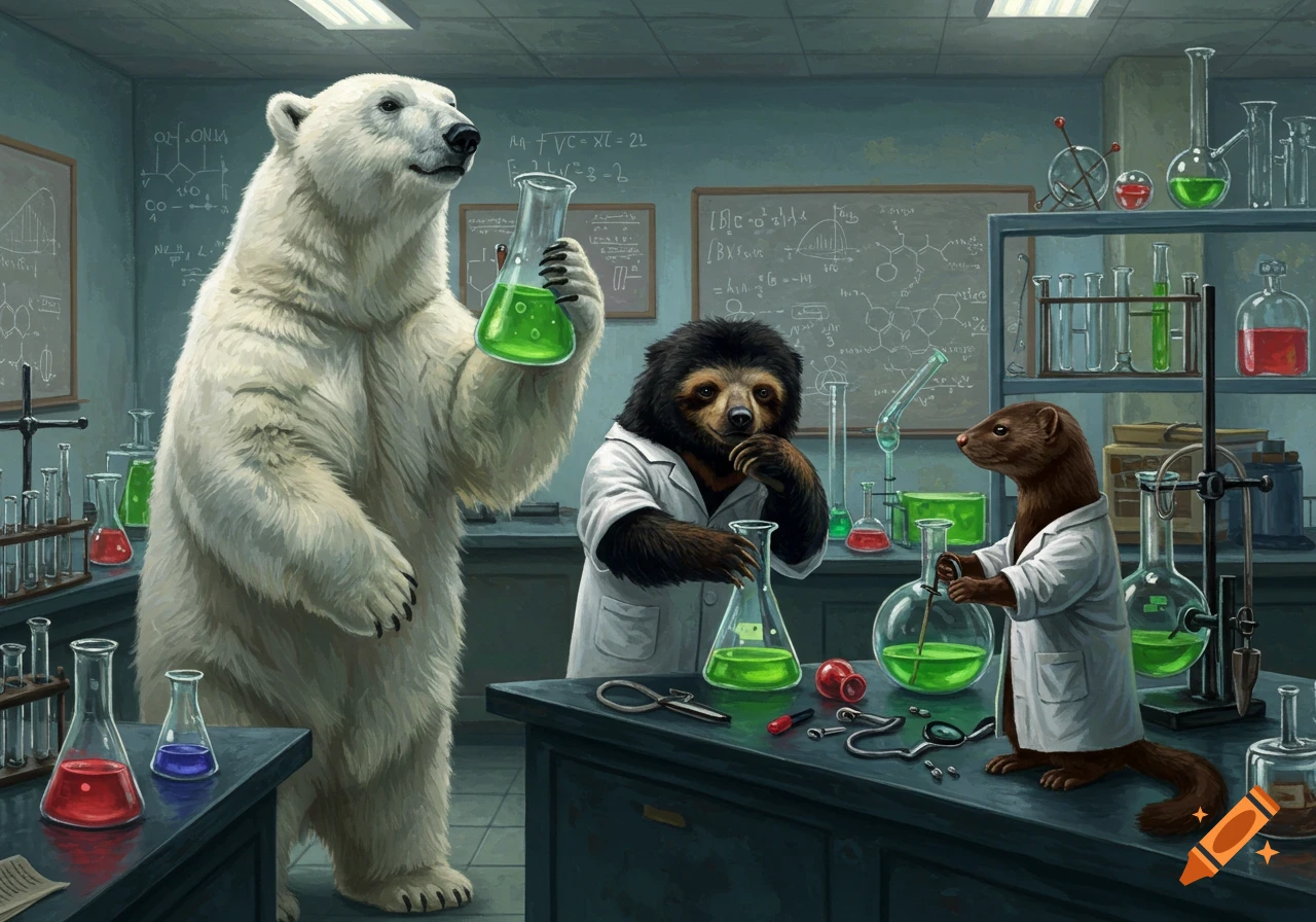 Polar bear, sloth bear, and mink in lab coats work in a science ...