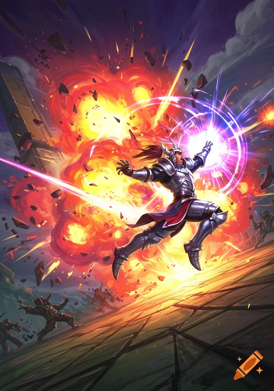 A knight casts a spell while leaping through an explosion in a fantasy ...