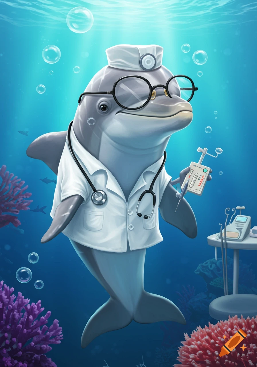 Cartoon dolphin doctor wearing glasses, stethoscope, and lab coat ...