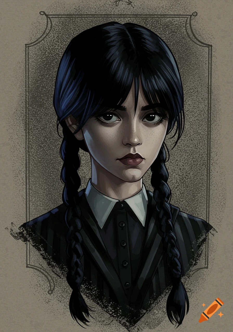 Portrait illustration of Wednesday Addams with braided pigtails in a ...