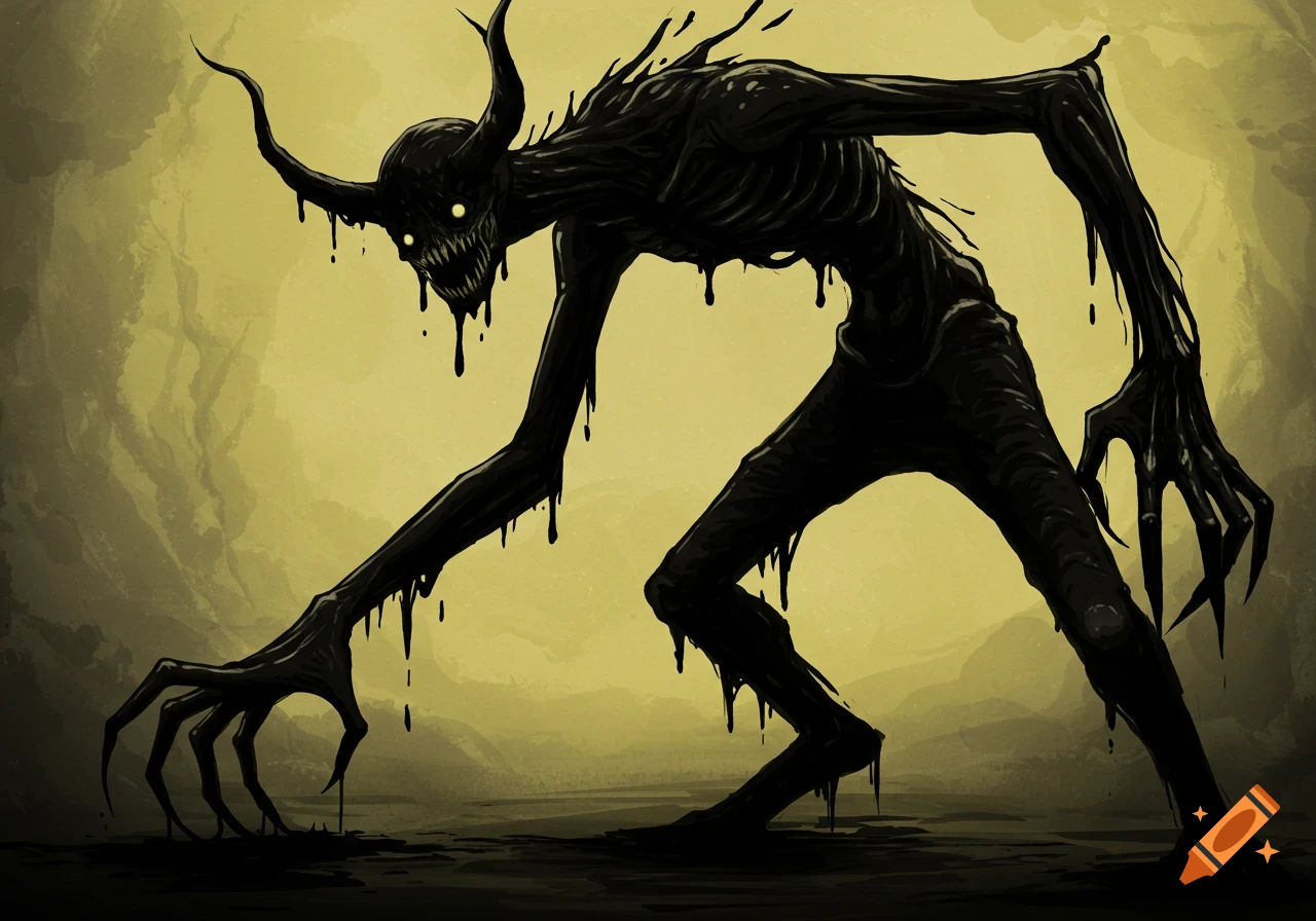 Illustration of a dark, dripping horned monster with sharp claws in a ...