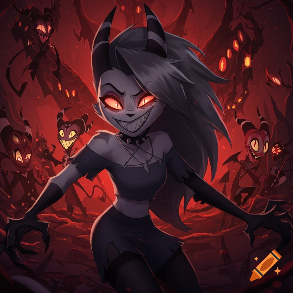 Loona and other imp characters from Helluva Boss in a dark, red ...