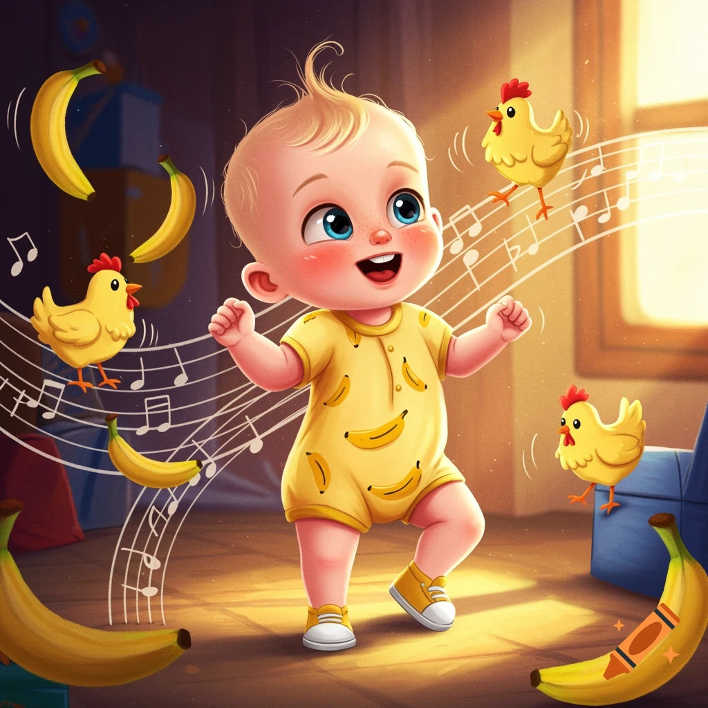Cute cartoon baby in banana outfit dancing with chickens, bananas, and ...