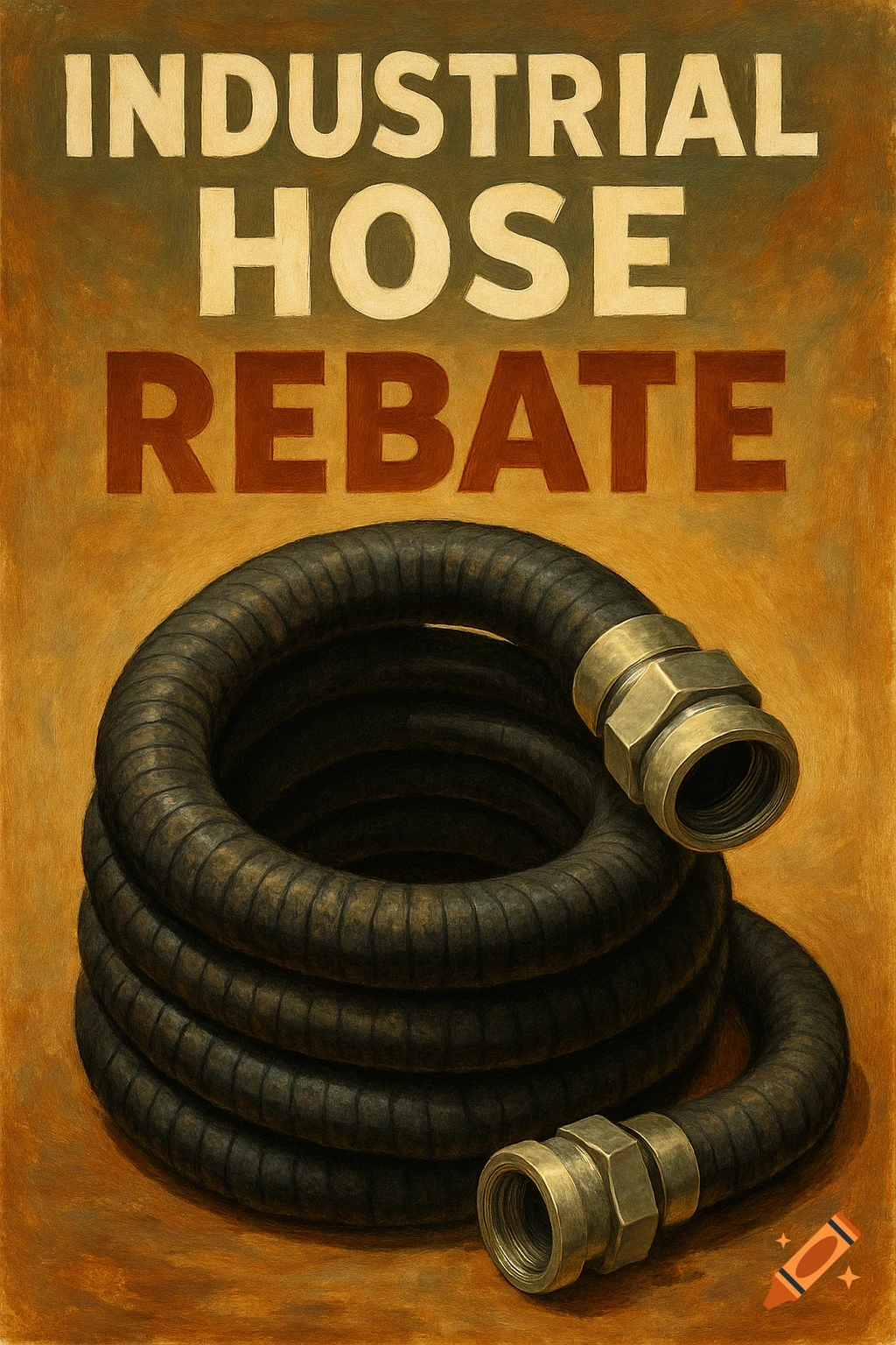 Vintage poster painting of a coiled black industrial hose with text ...