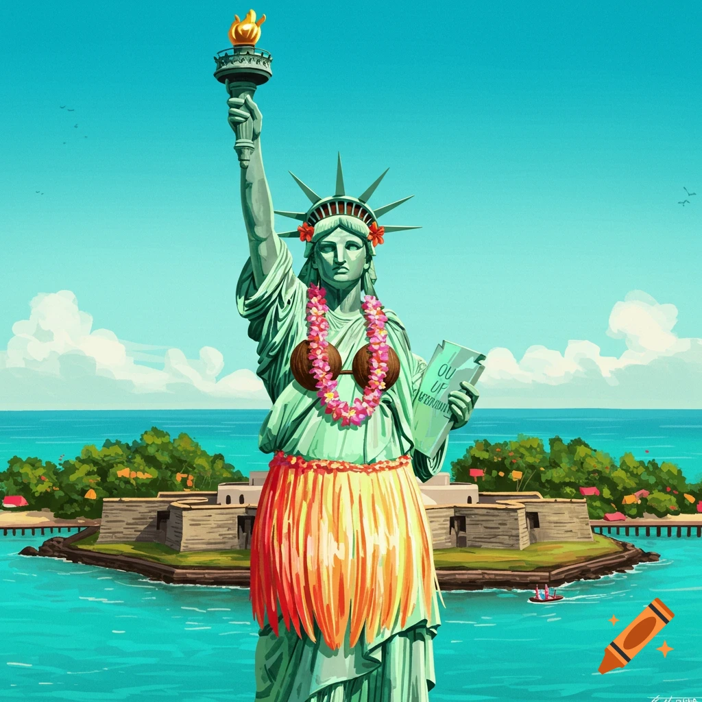 Illustration of the Statue of Liberty wearing a coconut bra and hula ...