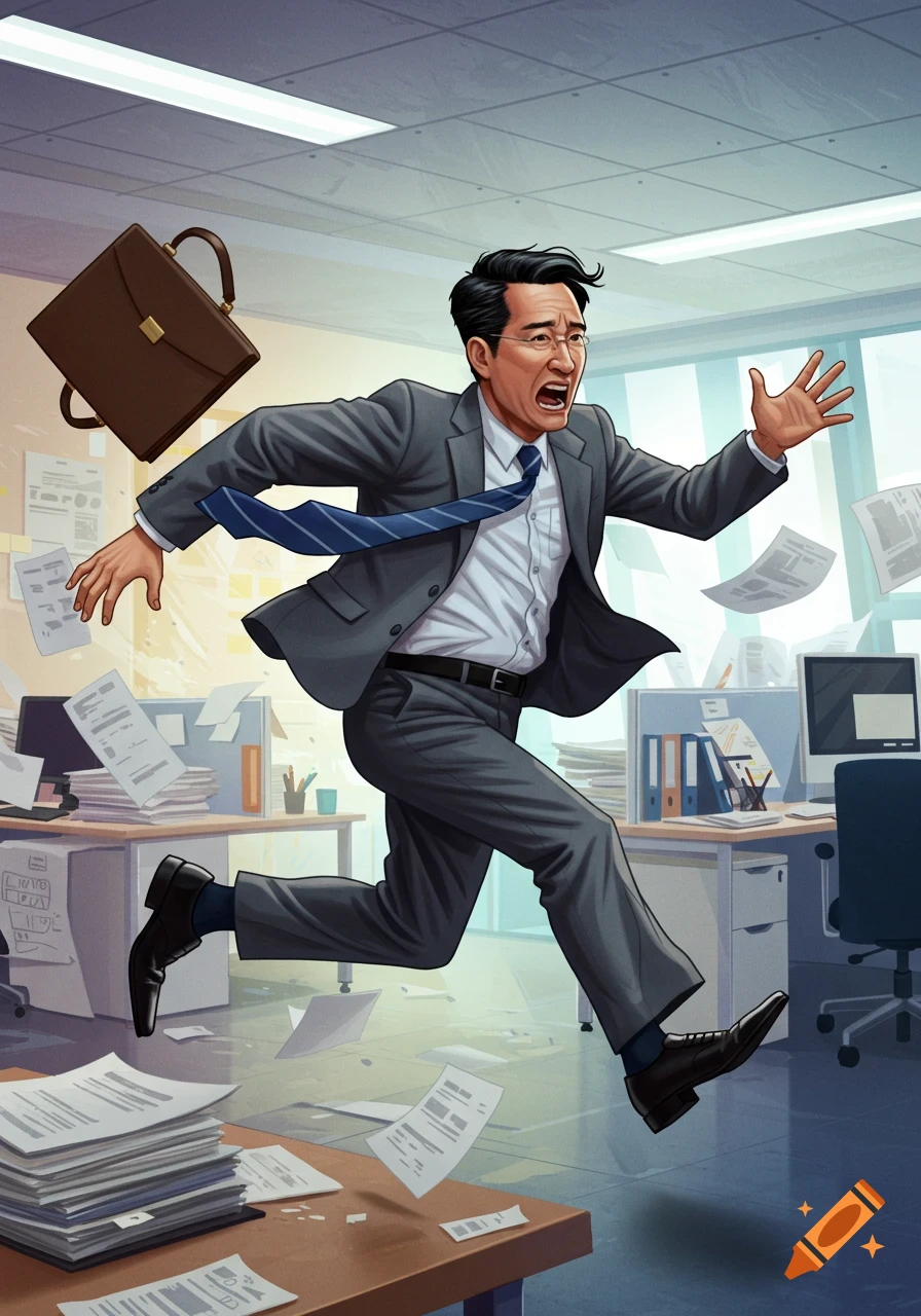 Cartoon illustration of a frantic businessman running through a messy ...