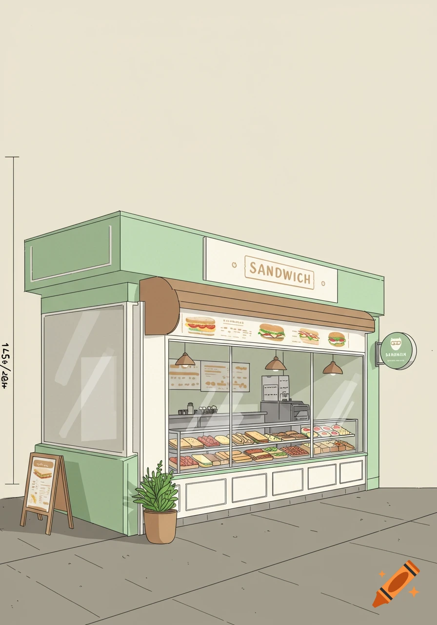 Illustration of a sandwich shop storefront on Craiyon