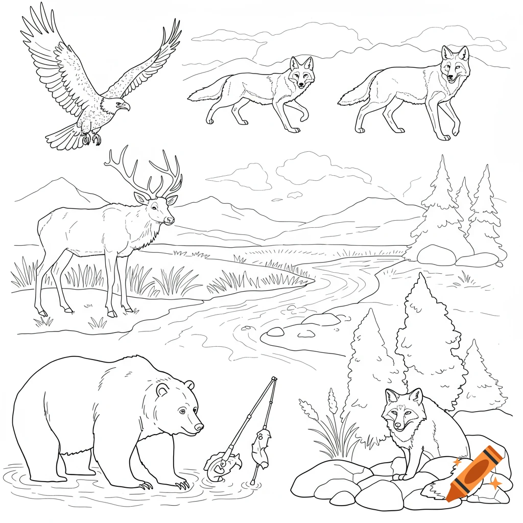 Outline clip art of wild animals including an eagle, coyotes, elk, bear ...