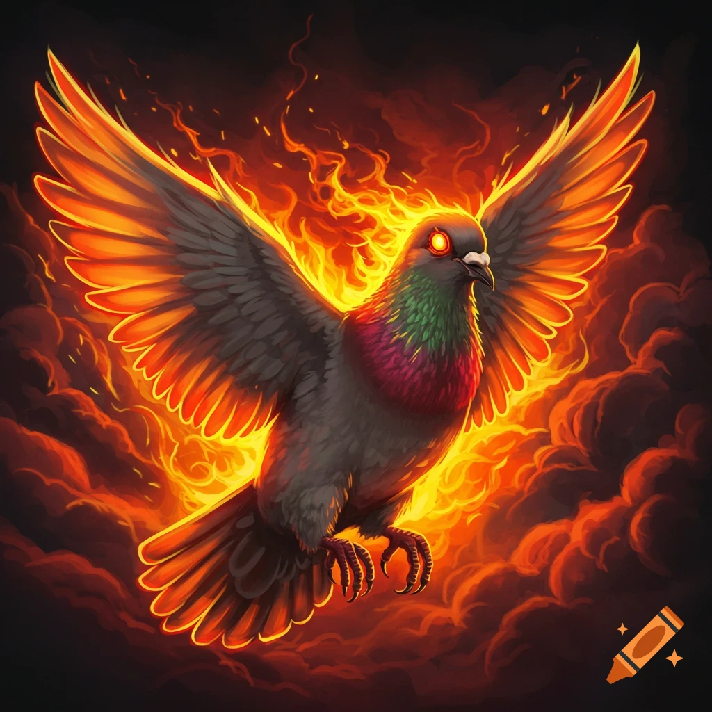 A pigeon with glowing eyes flying through fire. on Craiyon
