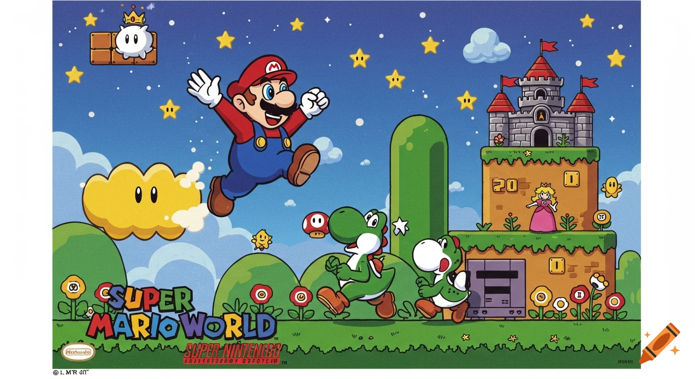 Cartoon illustration of Mario jumping, Yoshis running, and Princess ...