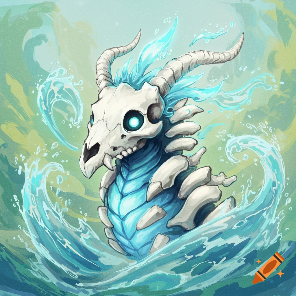 A fantasy monster made of bones and water, surrounded by splashing ...