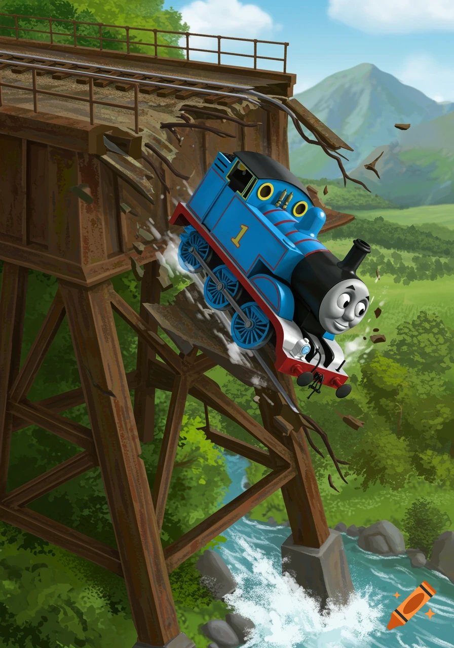 Illustration of Thomas the Tank Engine falling off a broken wooden ...
