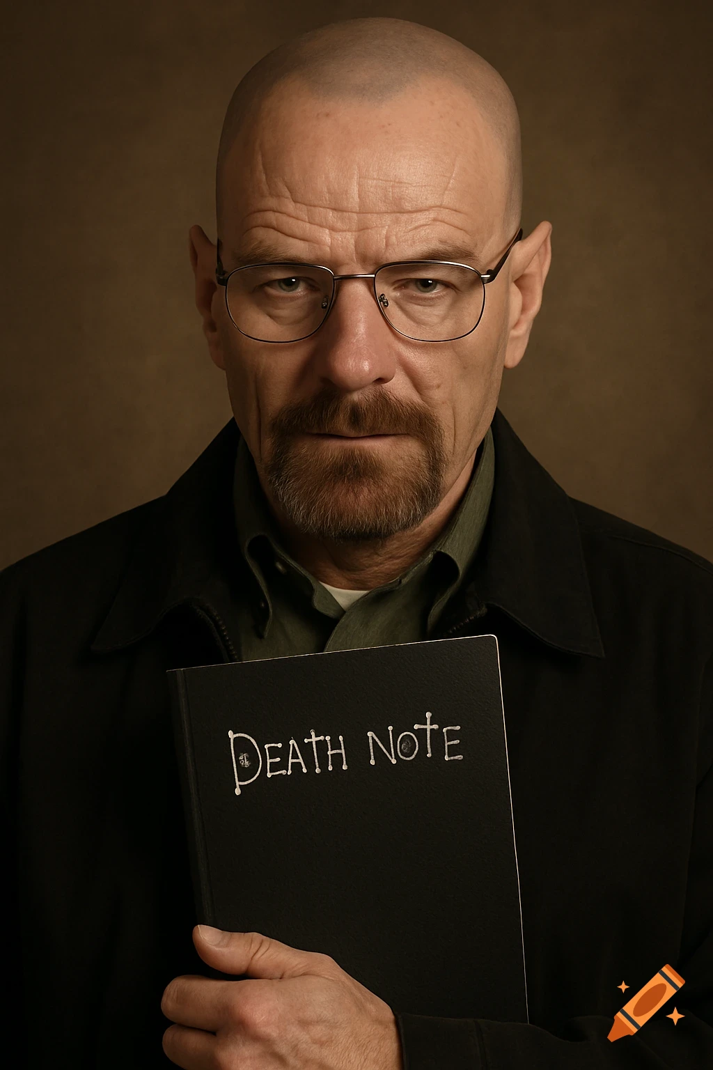 A bald man in glasses holding a book titled 'Death Note' on Craiyon